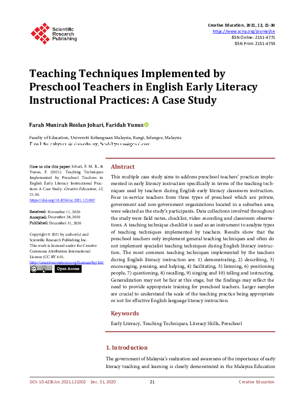 (PDF) Teaching Techniques Implemented by Preschool Teachers in English ...