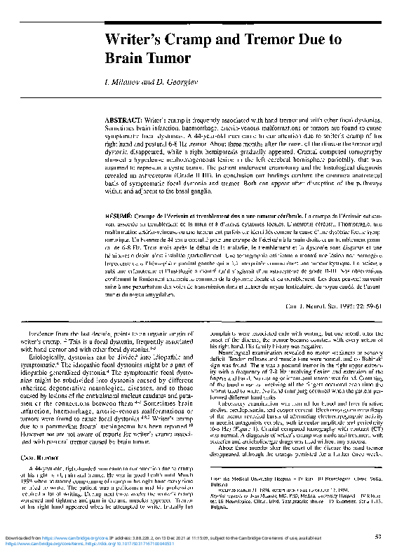 (PDF) Writer’s Cramp and Tremor Due to Brain Tumor