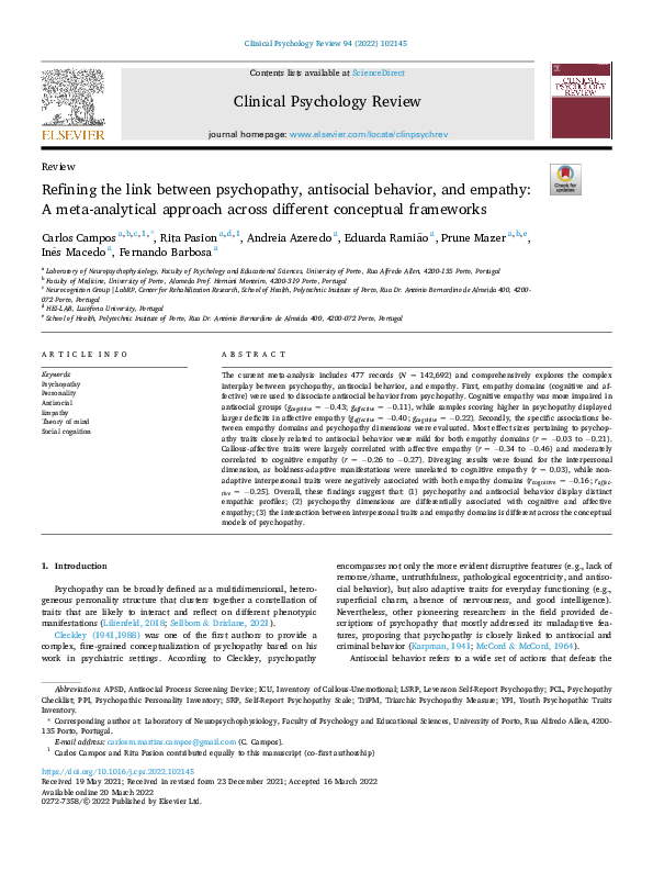 (PDF) Refining the link between psychopathy, antisocial behavior, and ...