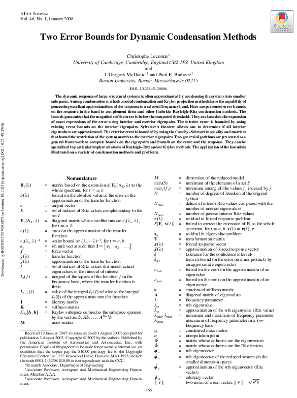 (PDF) Two Error Bounds for Dynamic Condensation Methods | J. Gregory McDaniel - Academia.edu