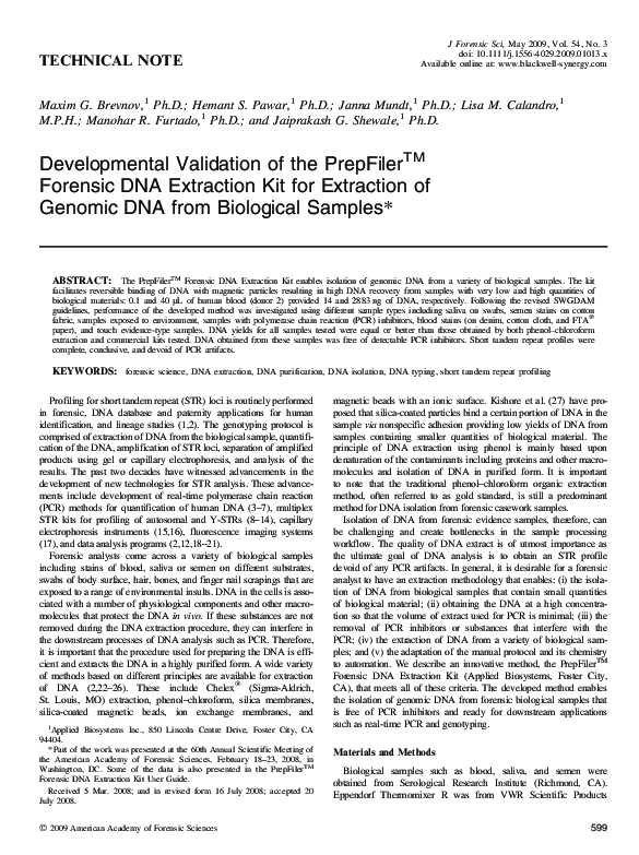 Pdf Developmental Validation Of The Prepfiler™ Forensic Dna Extraction Kit For Extraction Of