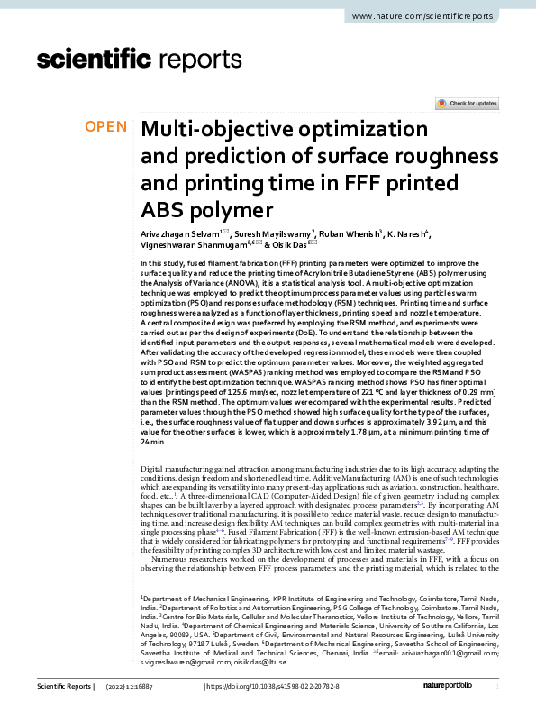 Pdf Multi Objective Optimization And Prediction Of Surface Roughness And Printing Time In Fff