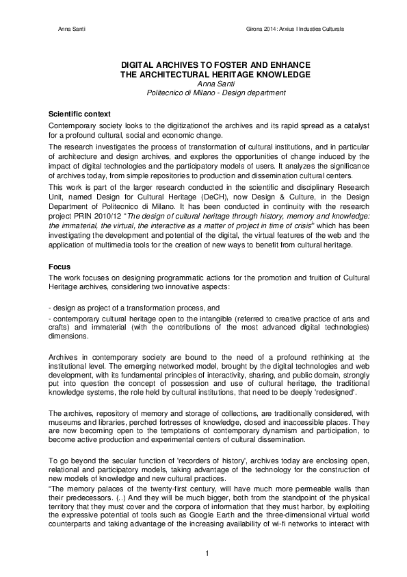(PDF) Digital archives: Fostering and enhancing the architectural heritage