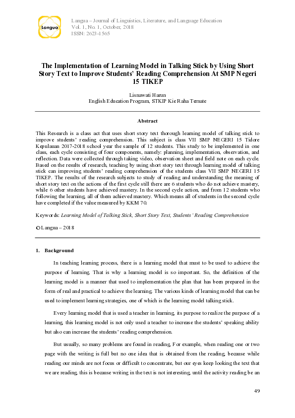 (PDF) The Implementation Of Learning Model In Talking Stick By Using Short Story Text To Improve ...