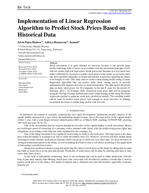 Pdf Implementation Of Linear Regression Algorithm To Predict Stock Prices Based On Historical Data
