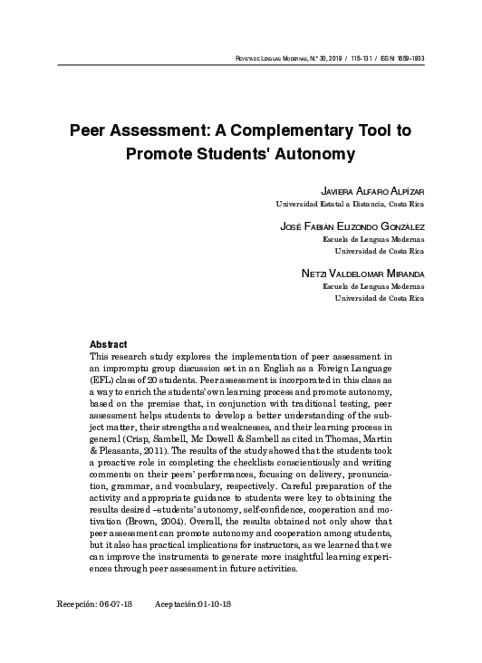 (PDF) Peer Assessment: A Complementary Tool to Promote Students' Autonomy