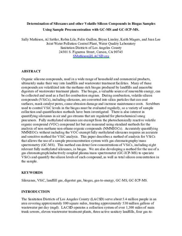 (PDF) Determination of Siloxanes and other Volatile Silicon Compounds in Biogas Samples Using ...