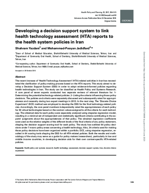 (PDF) Developing a decision support system to link health technology ...