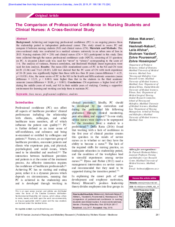 (PDF) The Comparison of Professional Confidence in Nursing Students and Clinical Nurses: A Cross ...