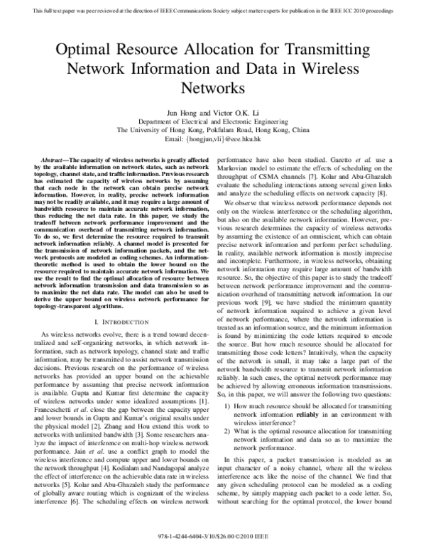(PDF) Optimal Resource Allocation for Transmitting Network Information and Data in Wireless Networks