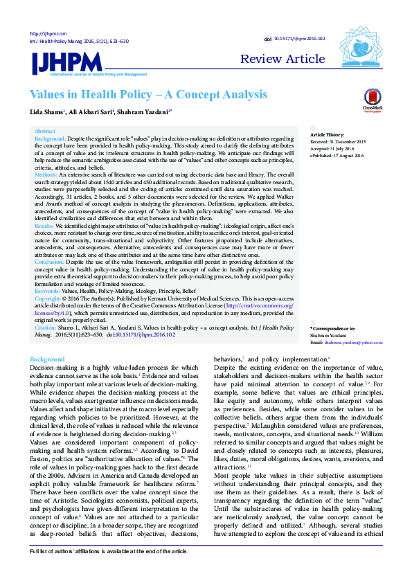 (PDF) Values in Health Policy – A Concept Analysis
