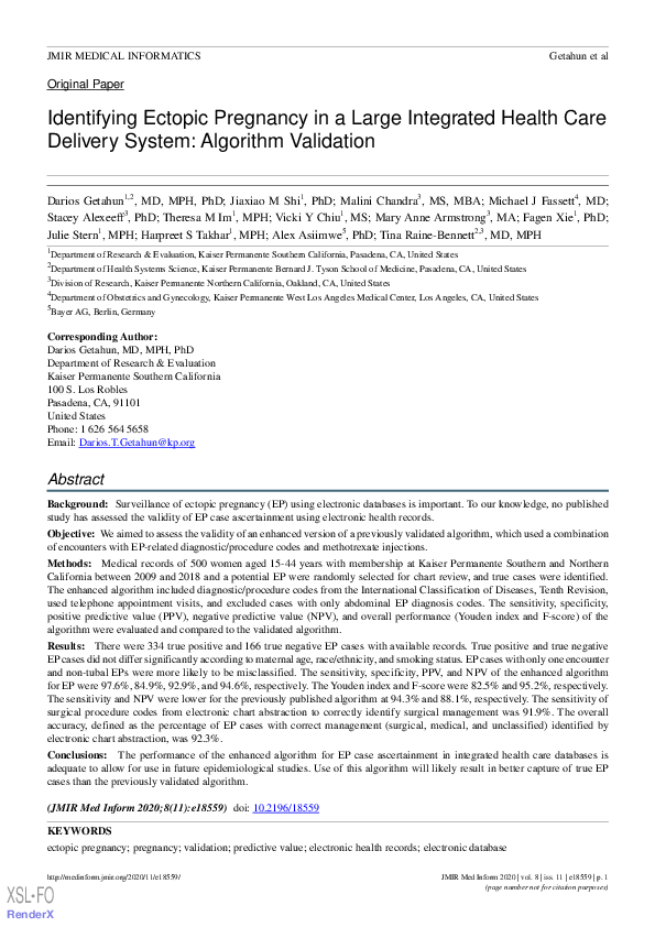 (PDF) Validation of an Algorithm to Identify Ectopic Pregnancy in a ...