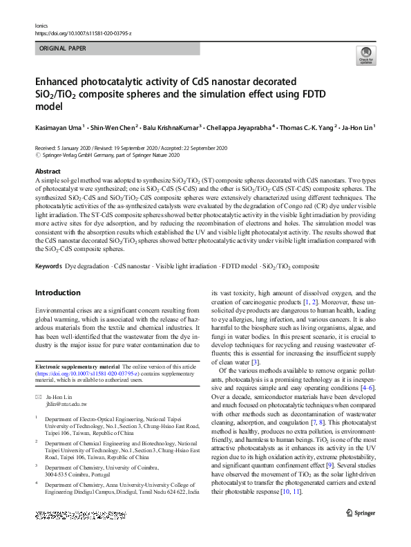 (PDF) Enhanced photocatalytic activity of CdS nanostar decorated SiO2/TiO2 composite spheres and ...
