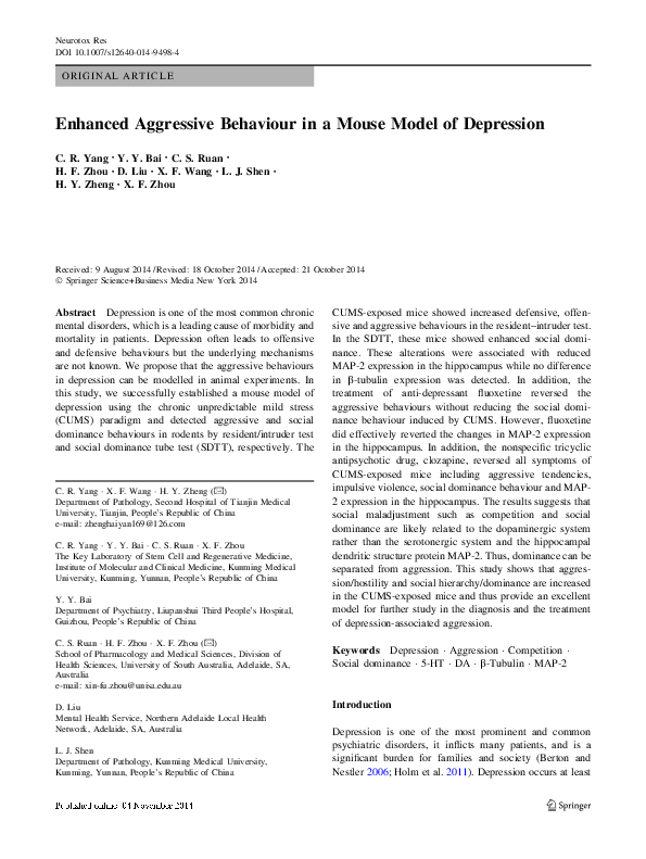 (PDF) Enhanced aggressive behaviour in a mouse model of depression