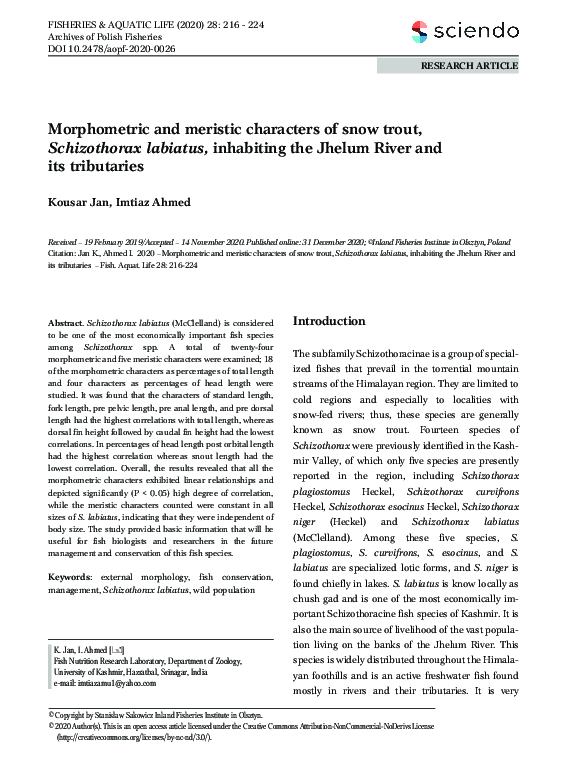 (PDF) Morphometric and meristic characters of snow trout, Schizothorax labiatus, inhabiting the ...