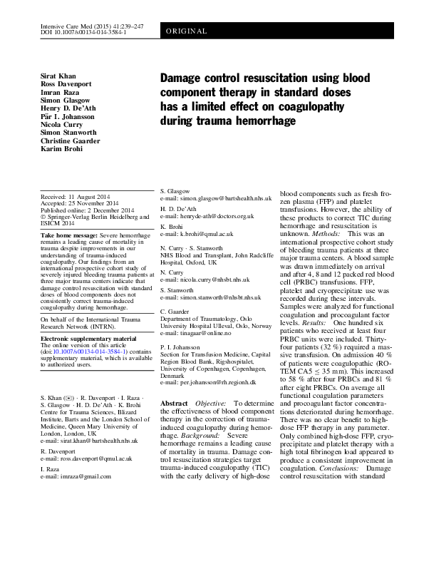 (PDF) Damage control resuscitation using blood component therapy in ...