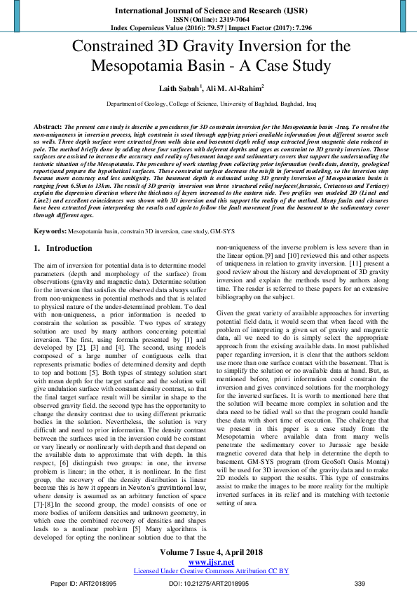 (PDF) Constrained 3 D Gravity Inversion for the Mesopotamia Basin-A Case Study