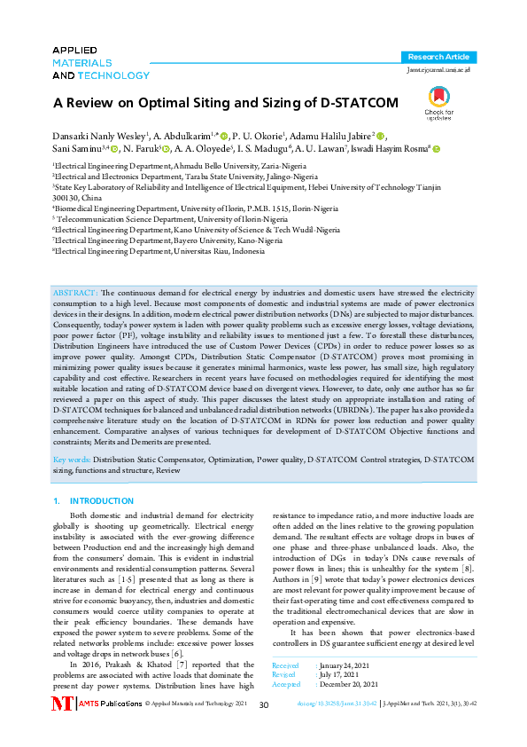 (PDF) A Review on Optimal Siting and Sizing of DSTATCOM | SANI SAMINU - Academia.edu
