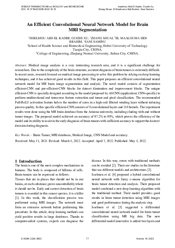(PDF) An Efficient Convolutional Neural Network Model for Brain MRI Segmentation