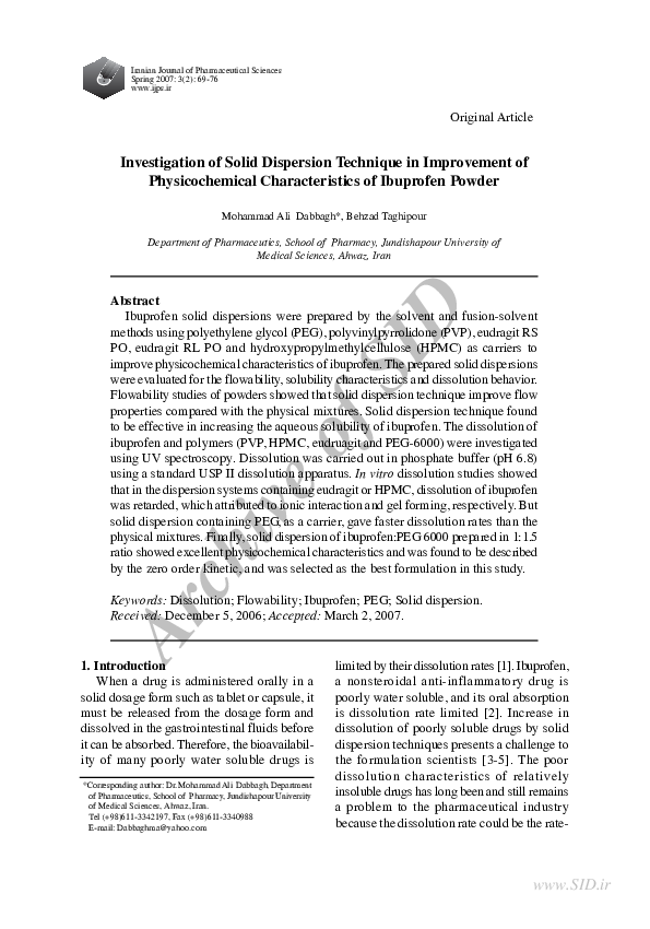 (PDF) Investigation of solid dispersion technique in improvement of physicochemical ...