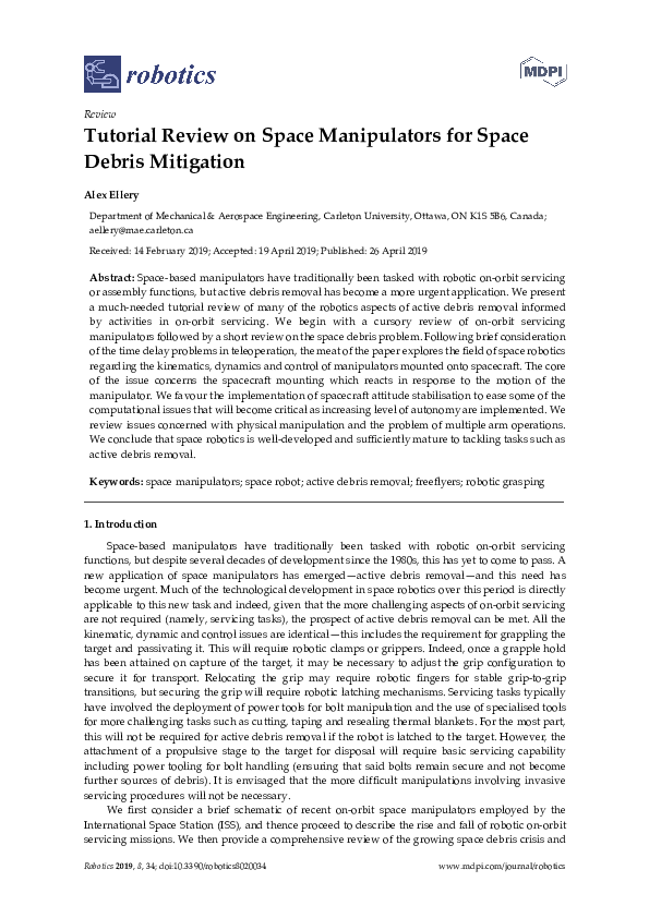 Pdf Tutorial Review On Space Manipulators For Space Debris Mitigation Alex Ellery
