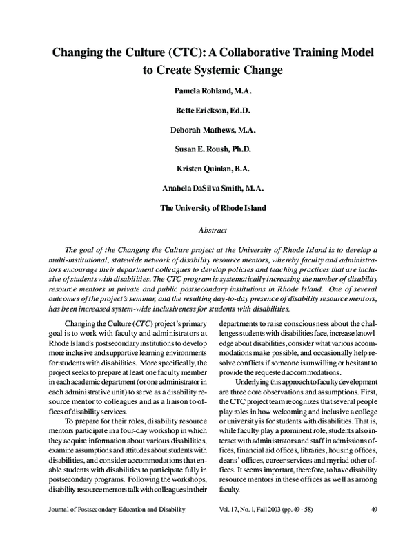 (PDF) Changing the culture (CTC): A collaborative training model to create systemic change