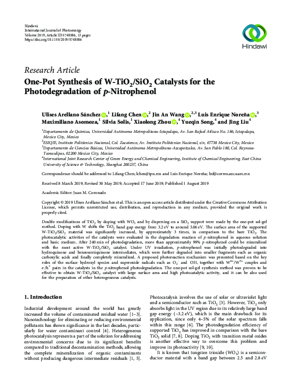 Pdf One Pot Synthesis Of W Tio2 Sio2 Catalysts For The