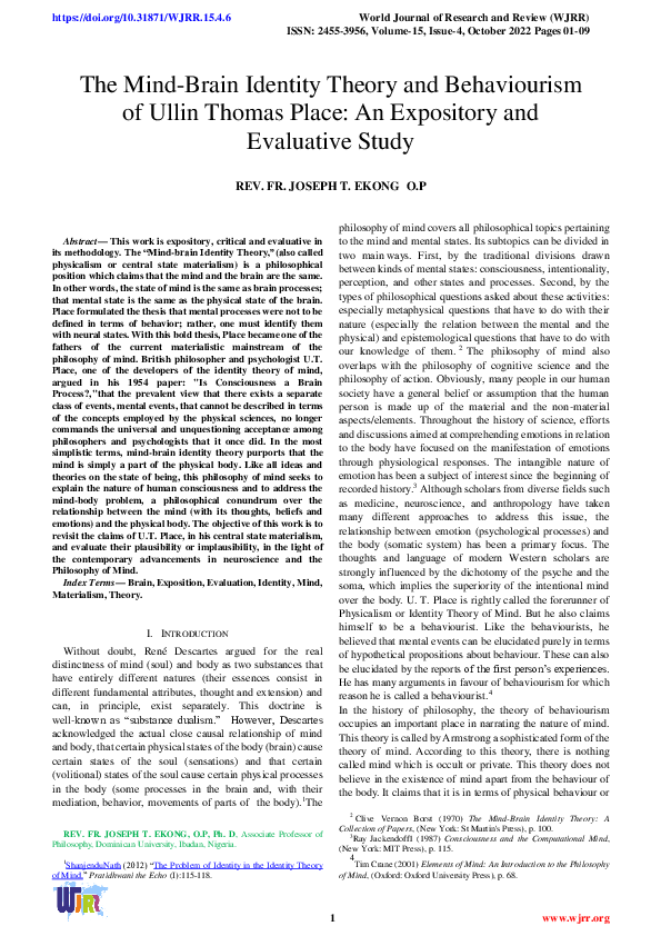 (PDF) The Mind-Brain Identity Theory and Behaviourism of Ullin Thomas ...