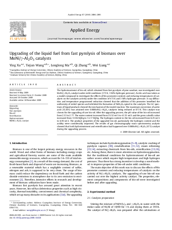 (PDF) Upgrading of the liquid fuel from fast pyrolysis of biomass over MoNi/γ-Al2O3 catalysts