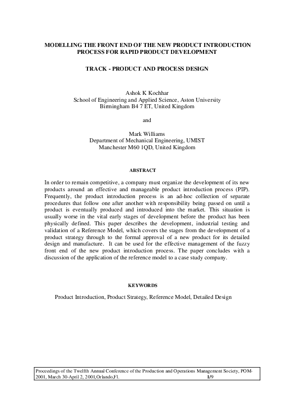 (PDF) Modelling the Front End of the New Product Introduction Process ...