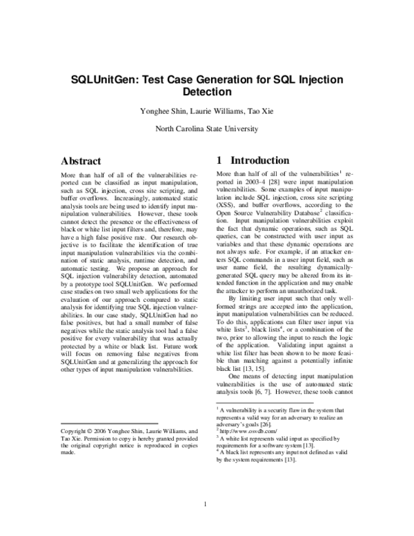 (PDF) SQLUnitgen: Test case generation for SQL injection detection