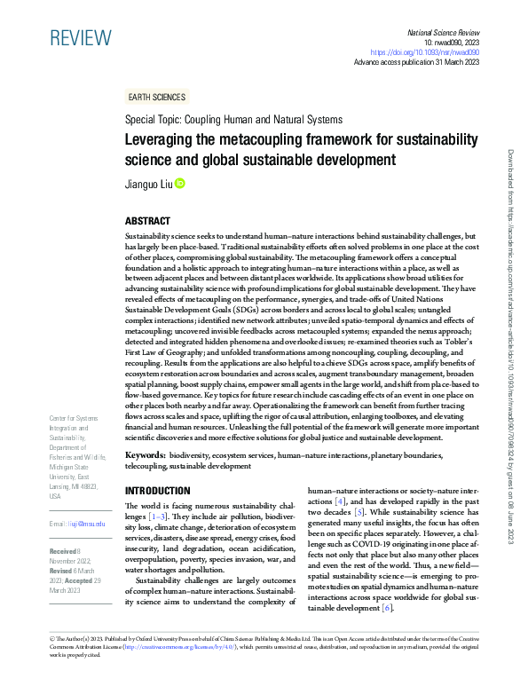 Pdf Leveraging The Metacoupling Framework For Sustainability Science And Global Sustainable