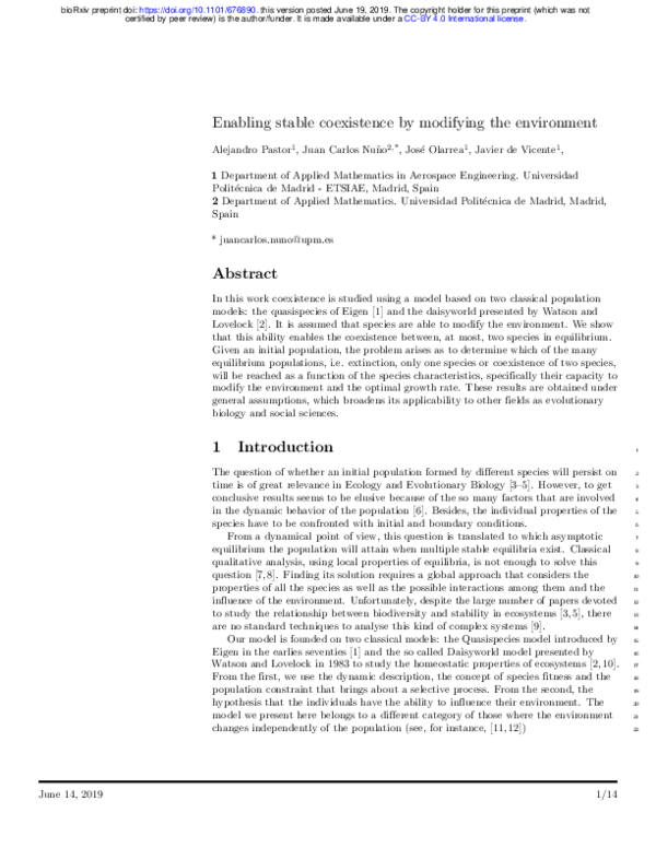 (PDF) Enabling stable coexistence by modifying the environment