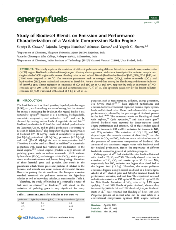 (PDF) Study of Biodiesel Blends on Emission and Performance Characterization of a Variable ...