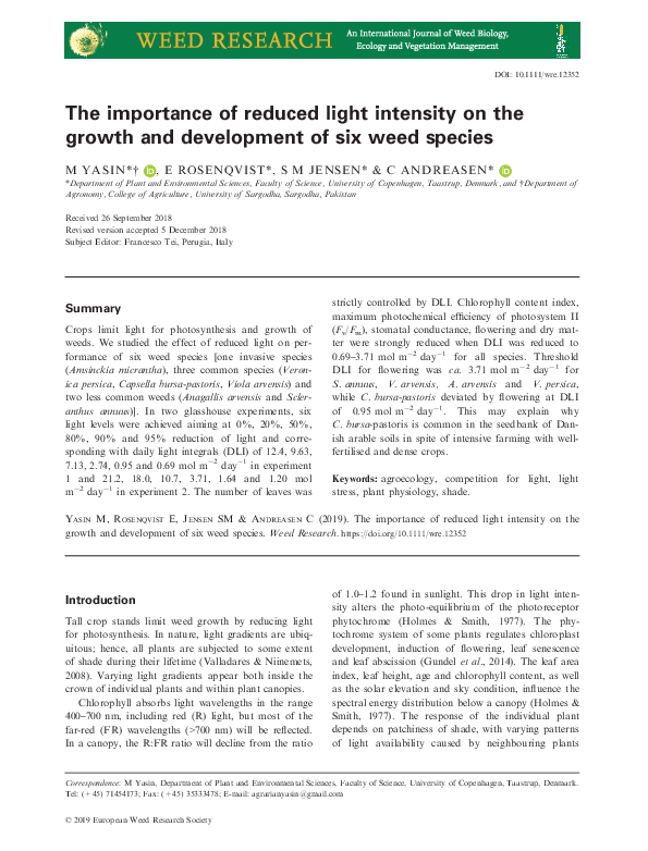 (PDF) The importance of reduced light intensity on the growth and ...