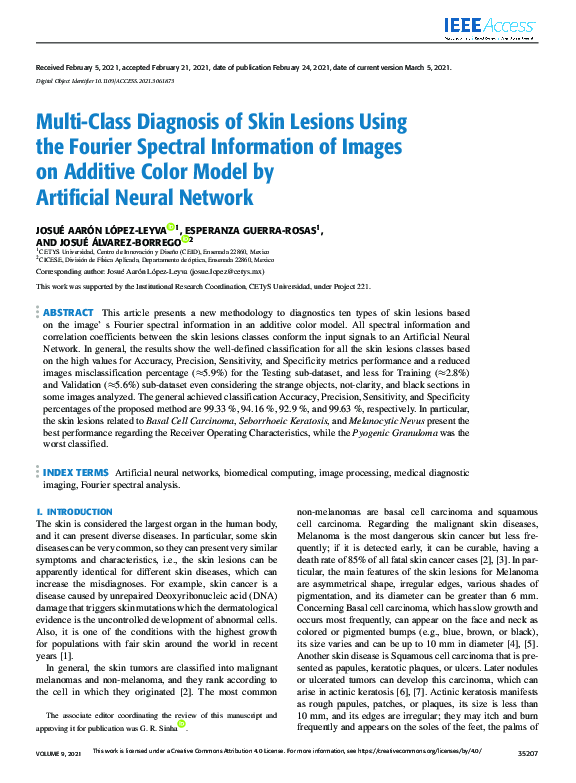 (PDF) Multi-Class Diagnosis of Skin Lesions Using the Fourier Spectral Information of Images on ...