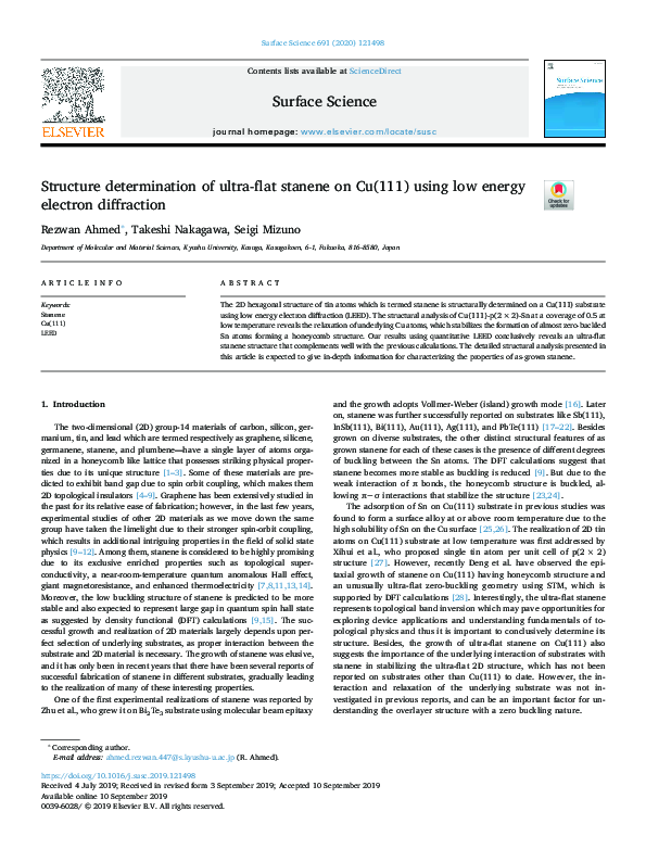 (PDF) Structure determination of ultra-flat stanene on Cu(111) using low energy electron diffraction
