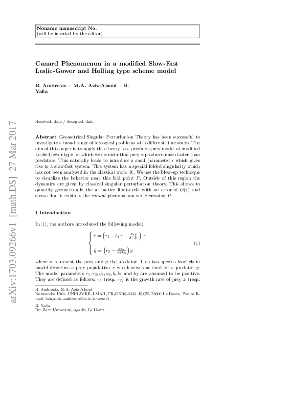 (PDF) Canard Phenomenon in a modified Slow-Fast Leslie-Gower and Holling type scheme model ...