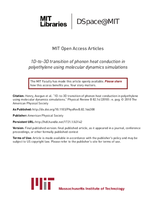 (PDF) 1D-to-3D transition of phonon heat conduction in polyethylene using molecular dynamics ...