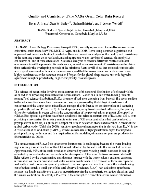 (PDF) Quality and Consistency of the NASA Ocean Color Data Record