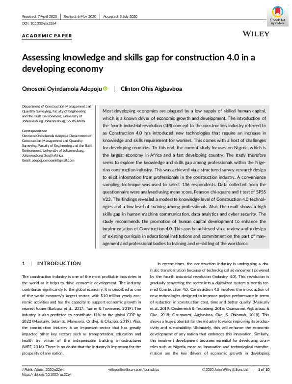 (PDF) Assessing knowledge and skills gap for construction 4.0 in a ...