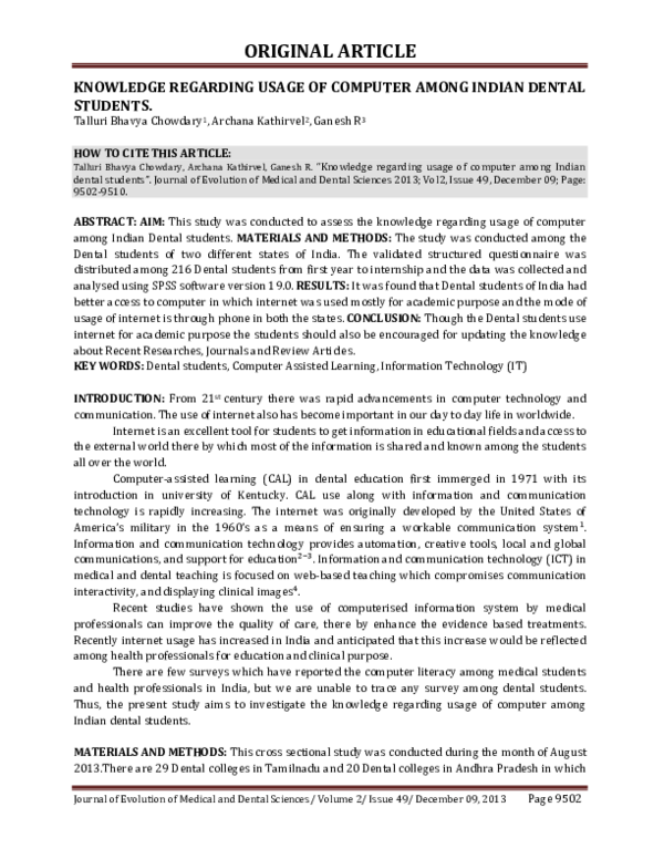 (PDF) Knowledge Regarding Usage of Computer Among Indian Dental Students