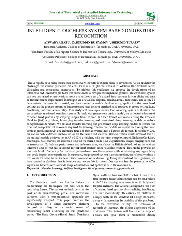 (PDF) INTELLIGENT TOUCHLESS SYSTEM BASED ON GESTURE RECOGNITION