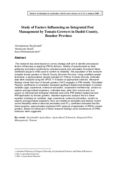 (PDF) Study of Factors Influencing on Integrated Pest Management by Tomato Growers in Dashti ...
