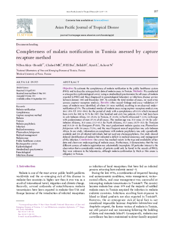 Pdf Completeness Of Malaria Notification In Tunisia Assessed By Capture Recapture Method