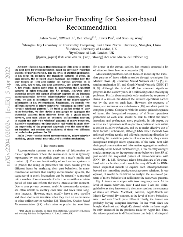 (PDF) Micro-Behavior Encoding for Session-based Recommendation