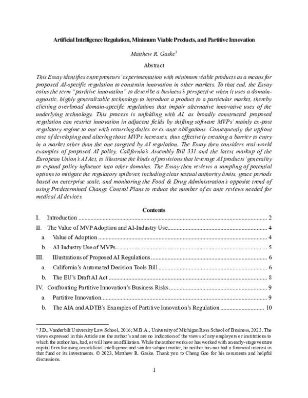 (PDF) Artificial Intelligence Regulation, Minimum Viable Products, and ...
