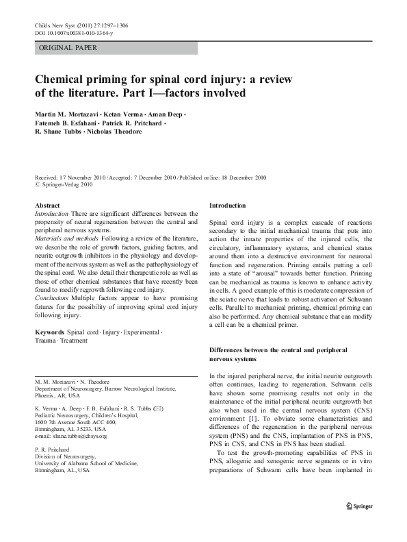 (PDF) Chemical priming for spinal cord injury: a review of the ...