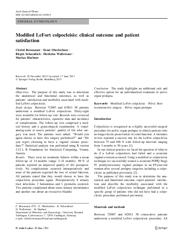 (PDF) Modified LeFort colpocleisis: clinical outcome and patient ...