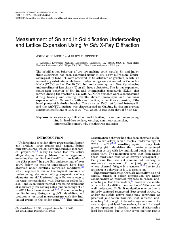 (PDF) Measurement of Sn and In Solidification Undercooling and Lattice Expansion Using In Situ X ...